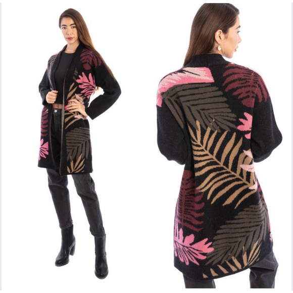 SAACHI | Sweaters | Saachi Tropical Leaves Cardigan Sweater Black Pink ...